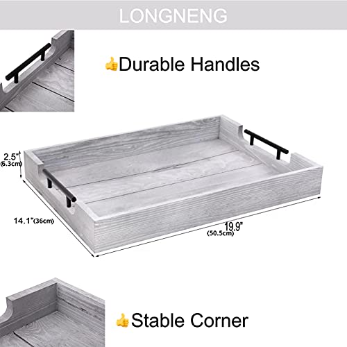 LONGNENG Wood Serving Tray Rectangle Gray Tray with Handles,Decorative Trays,Rustic Ottoman Tray for Living Room with Two Iron Handles