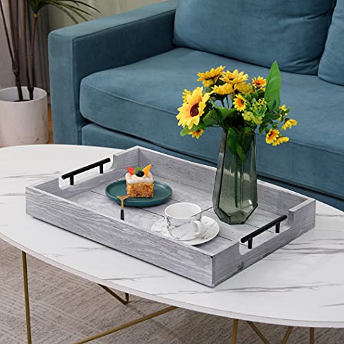LONGNENG Wood Serving Tray Rectangle Gray Tray with Handles,Decorative Trays,Rustic Ottoman Tray for Living Room with Two Iron Handles