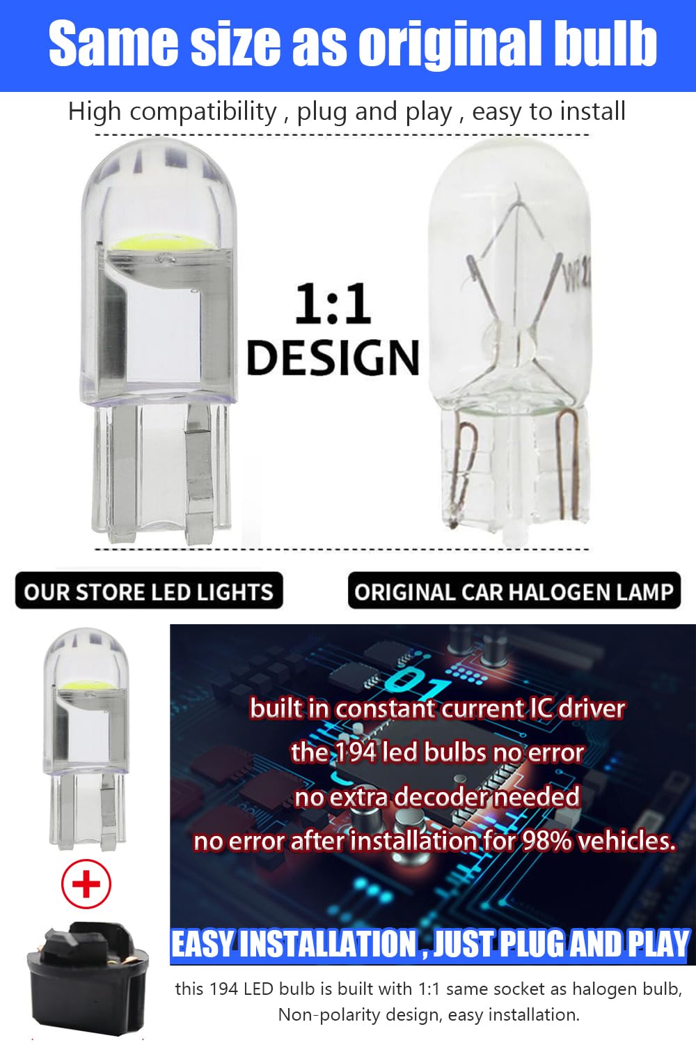LETINGFAR 194 LED Bulb Dash Instrument Lights Bulbs with T10 194 168 Twist Lock Socket, Super Bright T10 194 Instrument Panel Gauge Cluster Dashboard LED Light Bulbs 12V (White(20+5))