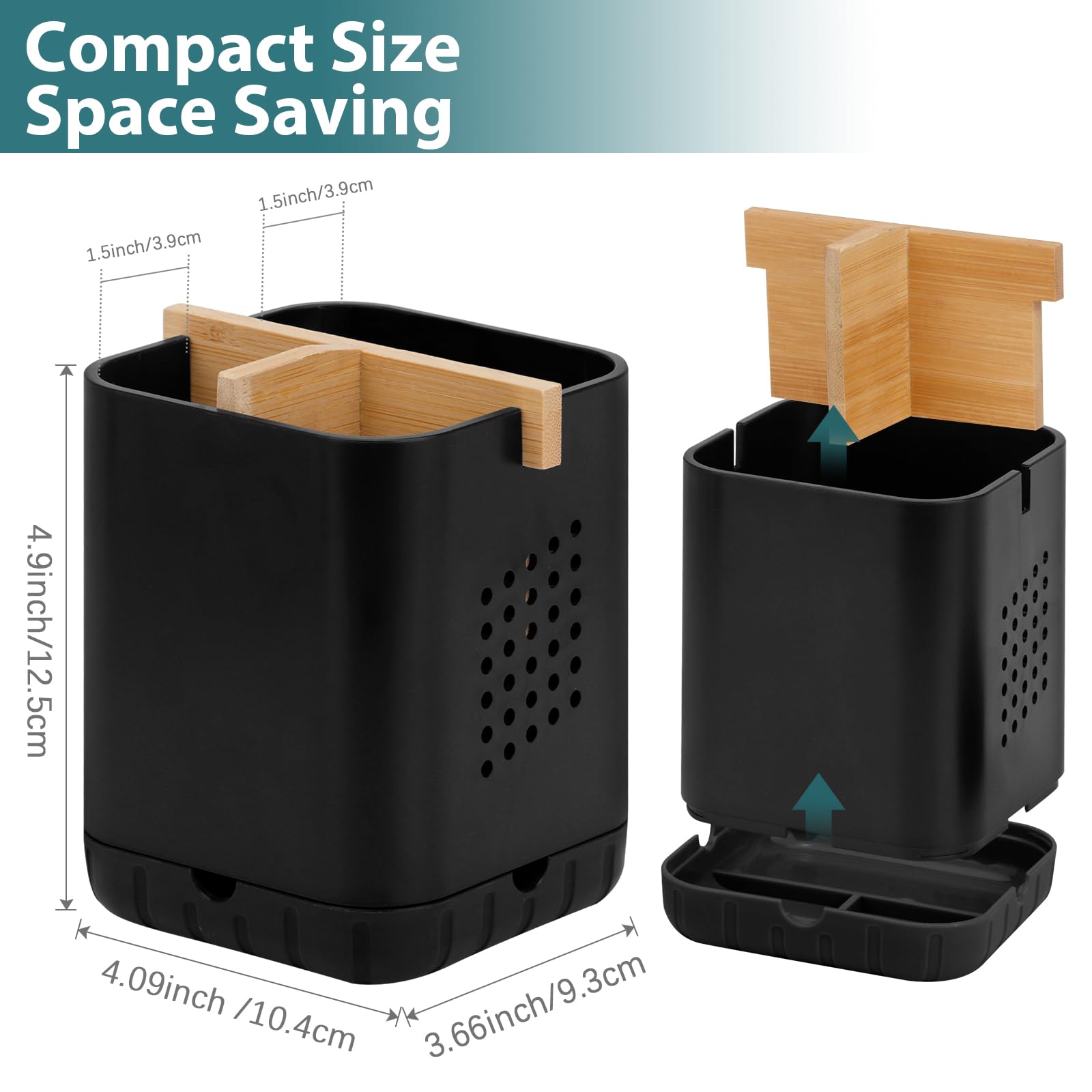 Boperzi Black Toothbrush Holders for Bathroom, Electric Toothbrush Holder with Bamboo Divider, Detachable Anti-Slip Toothbrush and Razor Holder Drainage for Shower, Toothbrush Organizer and Storage