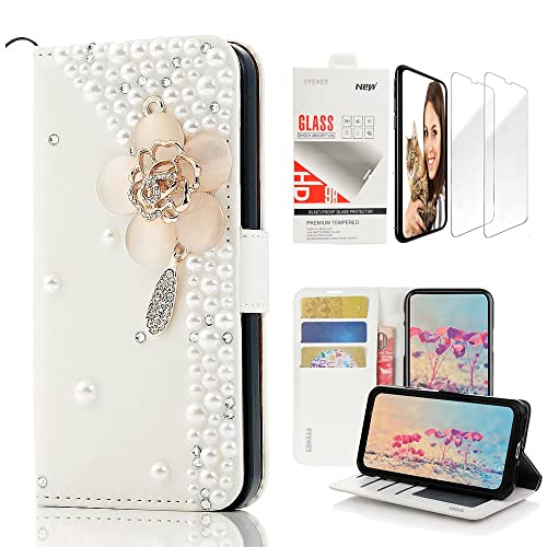 STENES Bling Wallet Phone Case Compatible with Samsung Galaxy Z Fold 2 5G - Stylish - 3D Handmade Flowers Design Leather Girls Women Cover with Screen Protector [2 Pack] - Pink