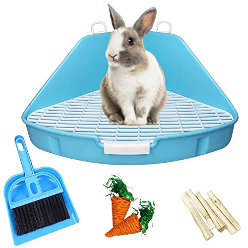kathson Rabbit Litter Box Bunny Toilet Triangle Potty Trainer Corner Large Bedding Box Pet Pan for Rabbits Chinchillas Ferrets Guinea Pigs Galesaurs(Blue)