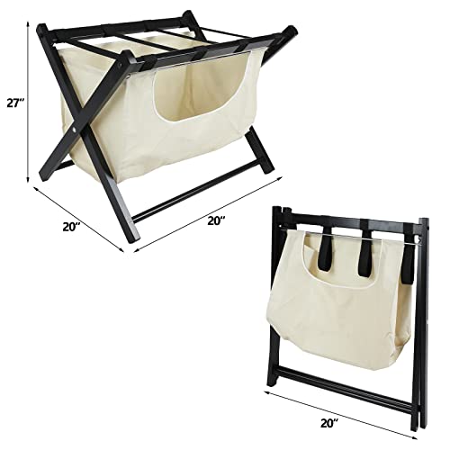 Babion Folding Luggage Racks with Shelf, Wooden Suitcase Stand, 2 Tier Foldable Luggage Racks with Heavy Duty Nylon Belts, Suitcase Bag Holder for Bedroom Guest Room, 4 Pack