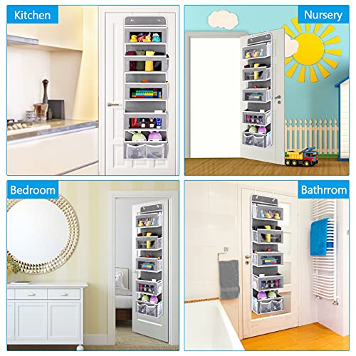 Over the Door Hanging Organizer Clear with 5 Large Clear Window Nursery Closet Cabinet Baby Wall Mount Door Organizer Storage for Bedroom, Bathroom, Kitchen, Closet and Dorm with 17 Large Pockets Gray