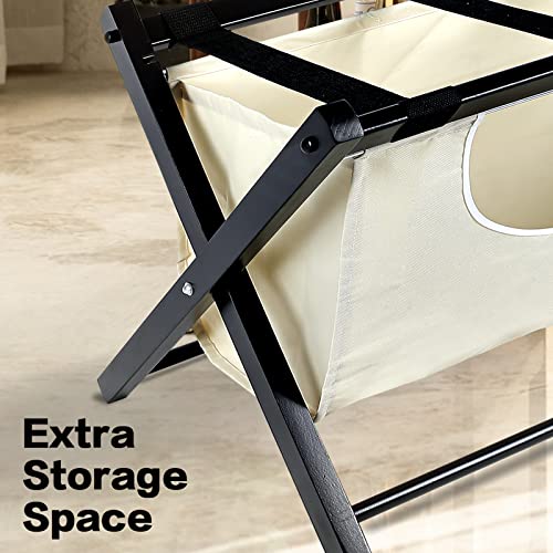 Babion Folding Luggage Racks with Shelf, Wooden Suitcase Stand, 2 Tier Foldable Luggage Racks with Heavy Duty Nylon Belts, Suitcase Bag Holder for Bedroom Guest Room, 4 Pack