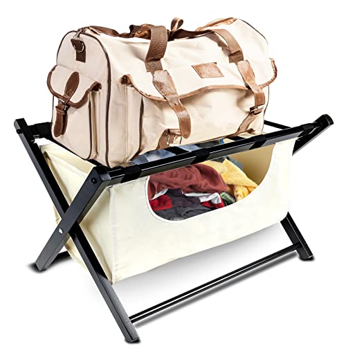 Babion Folding Luggage Racks with Shelf, Wooden Suitcase Stand, 2 Tier Foldable Luggage Racks with Heavy Duty Nylon Belts, Suitcase Bag Holder for Bedroom Guest Room, 4 Pack