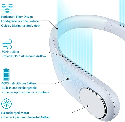BAIYUNTECH USB Personal Cool Fan,4000 mAh Rechargeable Hands Free Wearable Bladeless Neck Fan with 3 Adjustable Speed for Traveling,Office,Outdoor Sport (White)