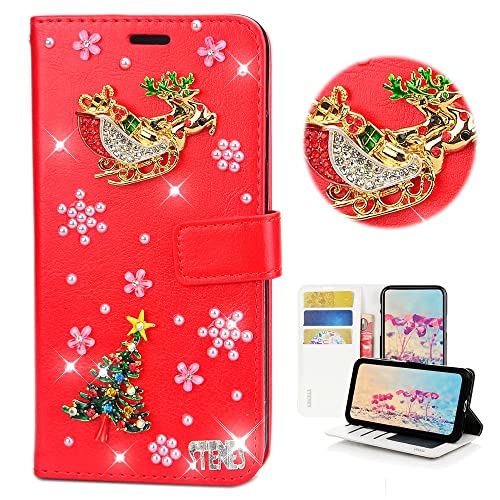 STENES Bling Wallet Phone Case Compatible with Samsung Galaxy Z Fold 2 5G - Stylish - 3D Handmade Christmas Tree Elk Gift Floral Leather Girls Women Cover with Neck Strap Lanyard [3 Pack] - Red