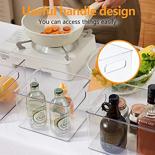 elabo Set of 4 Kitchen Organization Pantry Storage Bins, Refrigerator Organizer Bins, Food Storage Organizer Bins with Handle for Kitchen Cabinet, Freezer, Fridge, Countertop, Clear Plastic BPA Free
