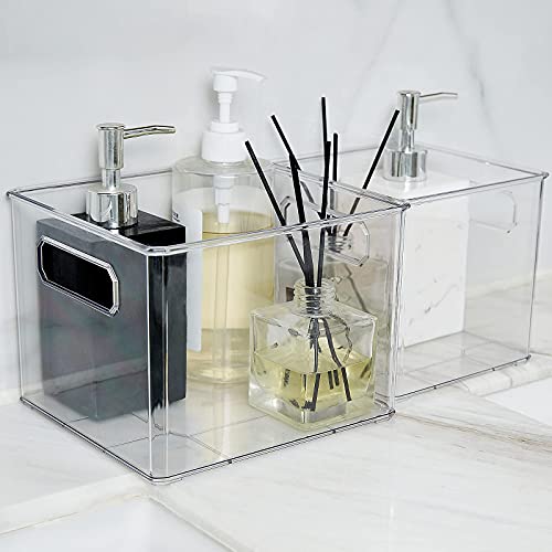 elabo Set of 4 Kitchen Organization Pantry Storage Bins, Refrigerator Organizer Bins, Food Storage Organizer Bins with Handle for Kitchen Cabinet, Freezer, Fridge, Countertop, Clear Plastic BPA Free