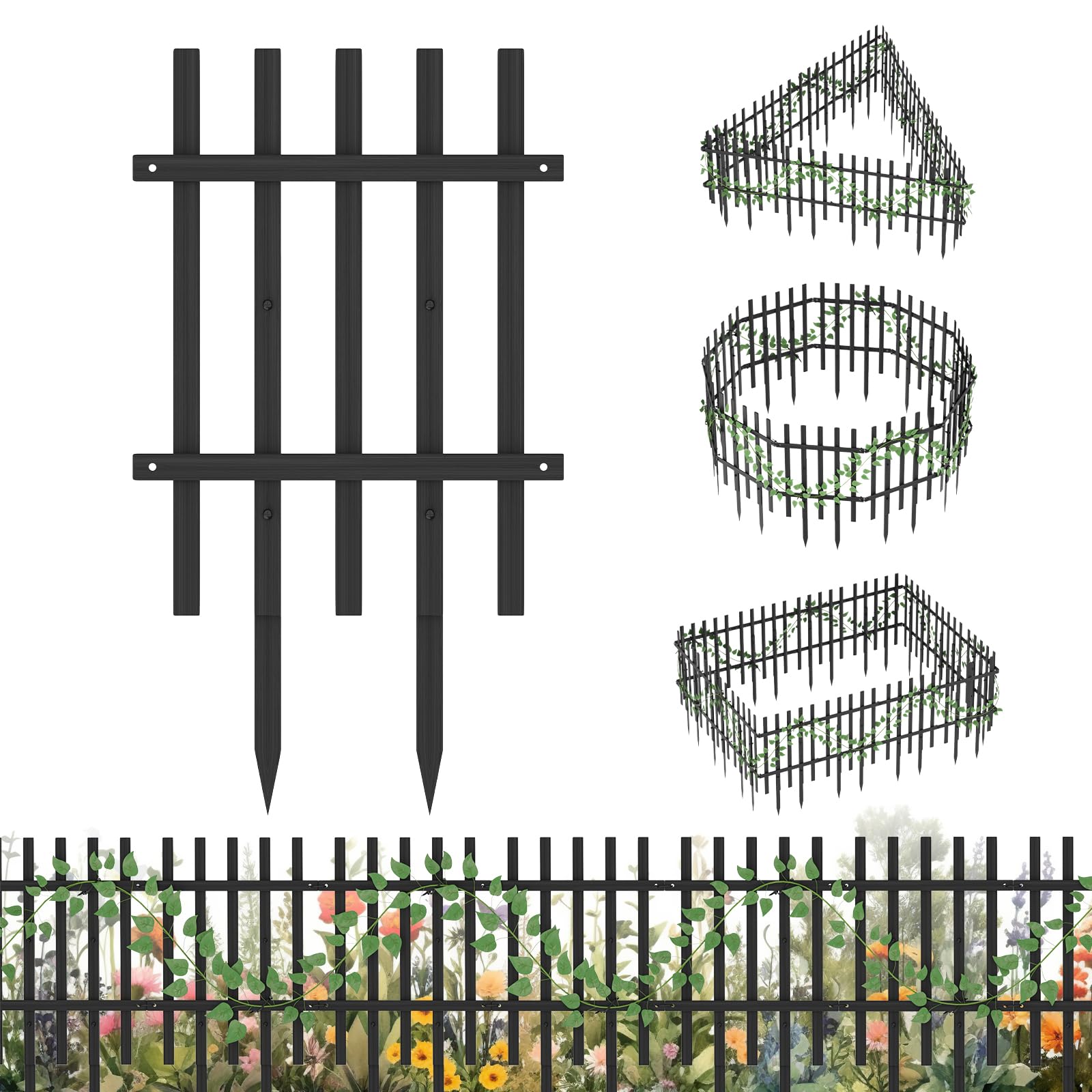 Decorative Garden Fence 20 Pack Animal Barrier Fencing with 6 Green Leaves 20.8 ft (L) x 22.2 in (H) Bamboo Fences Garden Edging Border for Small Dog Rabbit Yard Patio, Black