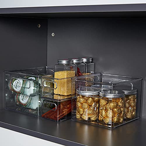 elabo Set of 4 Kitchen Organization Pantry Storage Bins, Refrigerator Organizer Bins, Food Storage Organizer Bins with Handle for Kitchen Cabinet, Freezer, Fridge, Countertop, Clear Plastic BPA Free