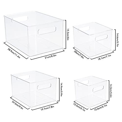 elabo Set of 4 Kitchen Organization Pantry Storage Bins, Refrigerator Organizer Bins, Food Storage Organizer Bins with Handle for Kitchen Cabinet, Freezer, Fridge, Countertop, Clear Plastic BPA Free