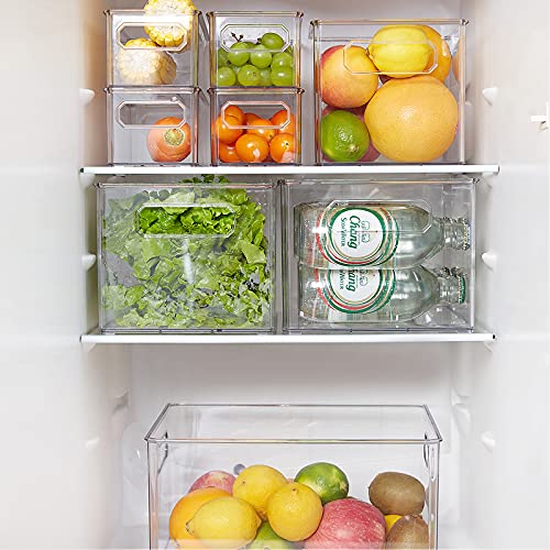 elabo Set of 4 Kitchen Organization Pantry Storage Bins, Refrigerator Organizer Bins, Food Storage Organizer Bins with Handle for Kitchen Cabinet, Freezer, Fridge, Countertop, Clear Plastic BPA Free