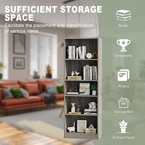 VICLLAX 5-Shelf Wood Bookcase, Narrow Adjustable Open Bookshelf, Tall Display Storage Shelf for Living Room, Bedroom, Kids Room, Office, Grey