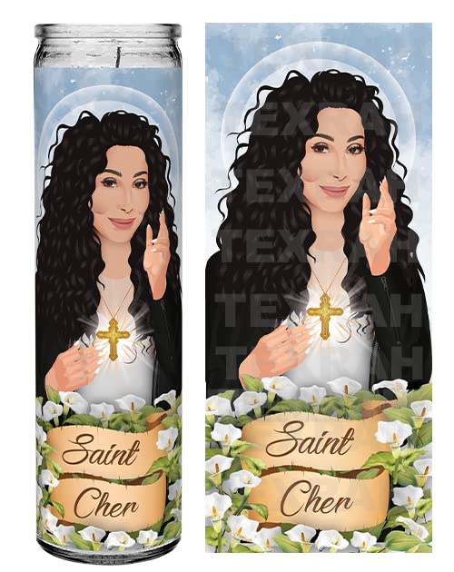 Saint Cher Celebrity Prayer Devotional Parody Candle - 8" white, unscented glass