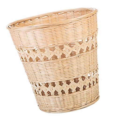 YARNOW Wicker Woven Trash Can Paper Wastebasket Rattan Woven Sundries Storage Baskets Decorative Round Trash Can for Bedroom Home, Wood Color, 23.5x23.5cm