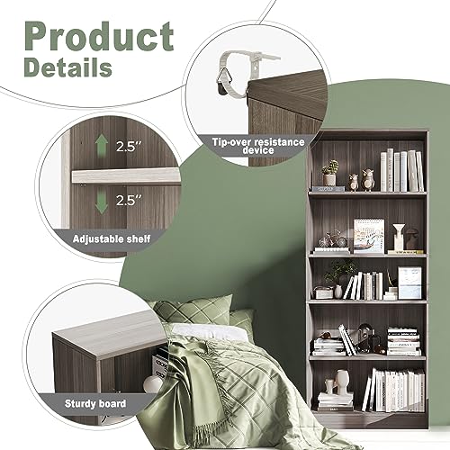 VICLLAX 5-Shelf Wood Bookcase, Narrow Adjustable Open Bookshelf, Tall Display Storage Shelf for Living Room, Bedroom, Kids Room, Office, Grey