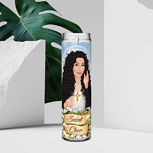 Saint Cher Celebrity Prayer Devotional Parody Candle - 8" white, unscented glass