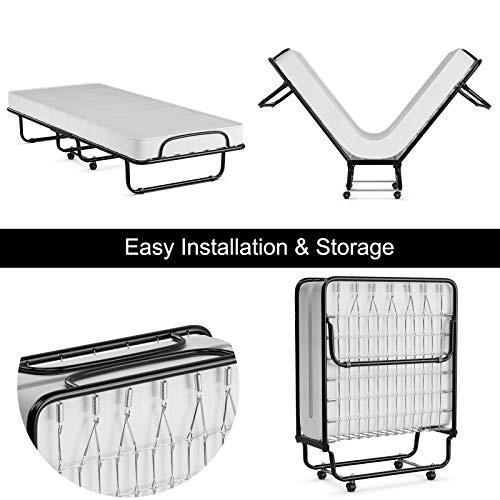 GOFLAME Folding Bed with Memory Foam Mattress, Portable Bed Cot Size with Metal Frame and Wheels for Kids and Adults, Rollaway Guest Bed for Home and Office, Made in Italy