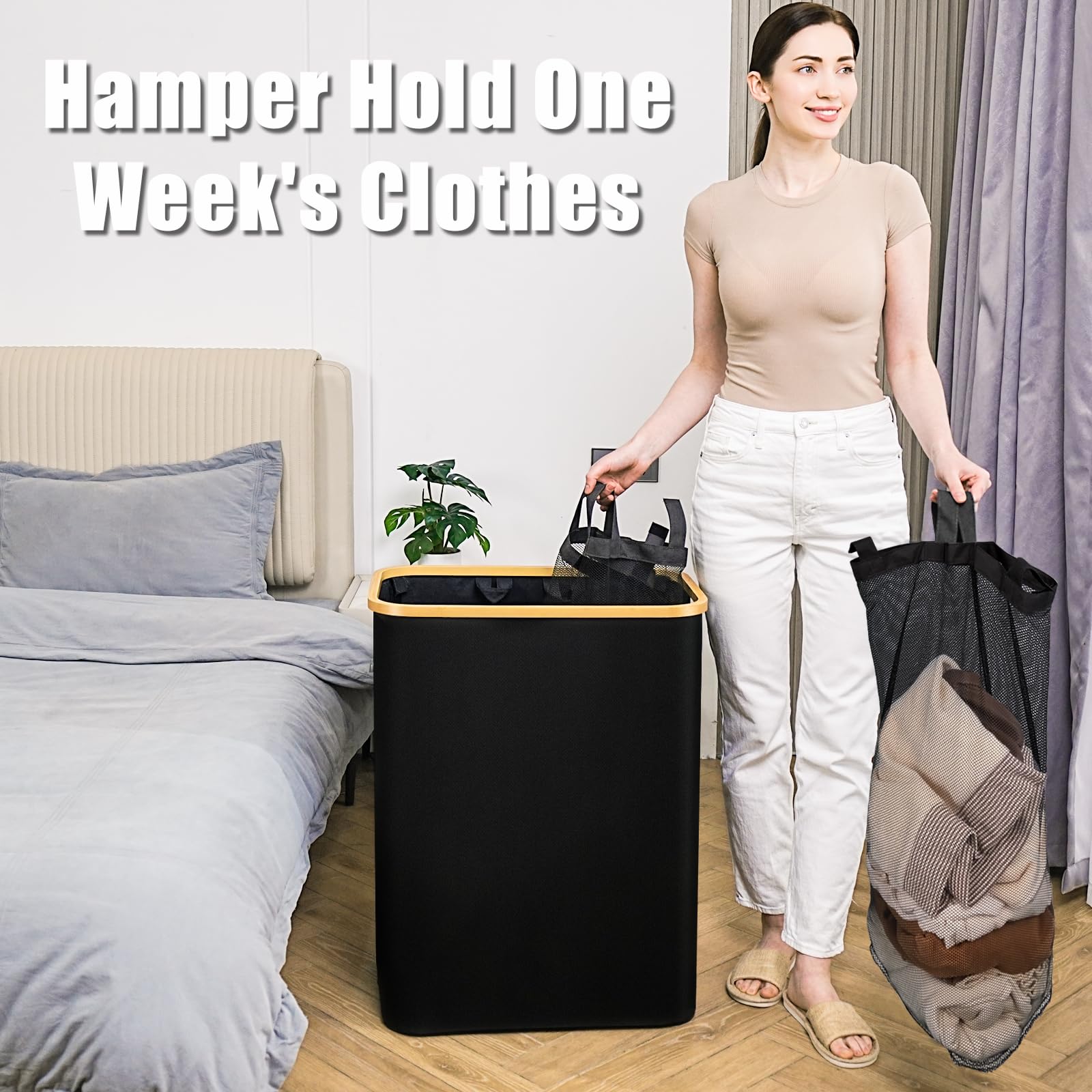 Hampers for Laundry Basket with Lid, 160L Extra Large 3 Section Clothes Divided Organizer for Bedroom, Laundry Room, Dirty Clothing Hamper, Black
