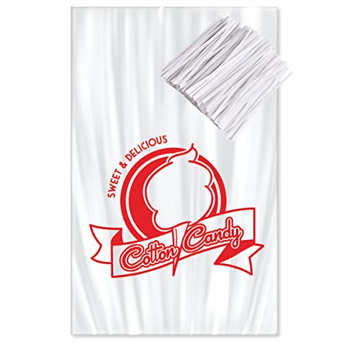 Tafura Cotton Candy Bags with Ties, [Pack of 100] Clear Bags for Cotton Candy with Print, Perfect for the Summer and Carnivals. 11.5x18.5 Inches.