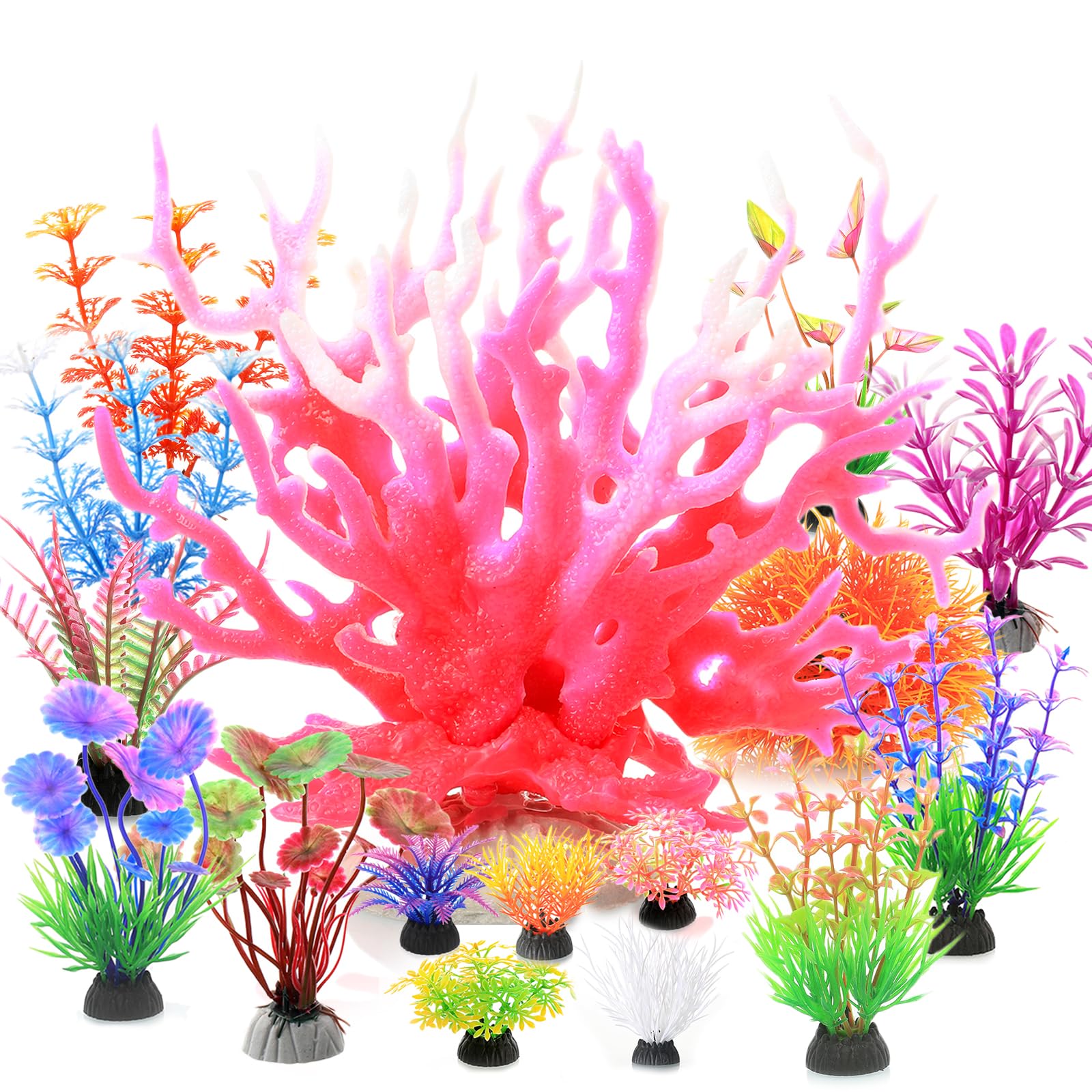Fish Tank Decorations Plants with Resin Coral, 16PCS Artificial Plastic Plants for Fish Tank, Aquarium Decoration Set Colorful Fish Tank Decor Plants for Household Office Fish Tank Accessories