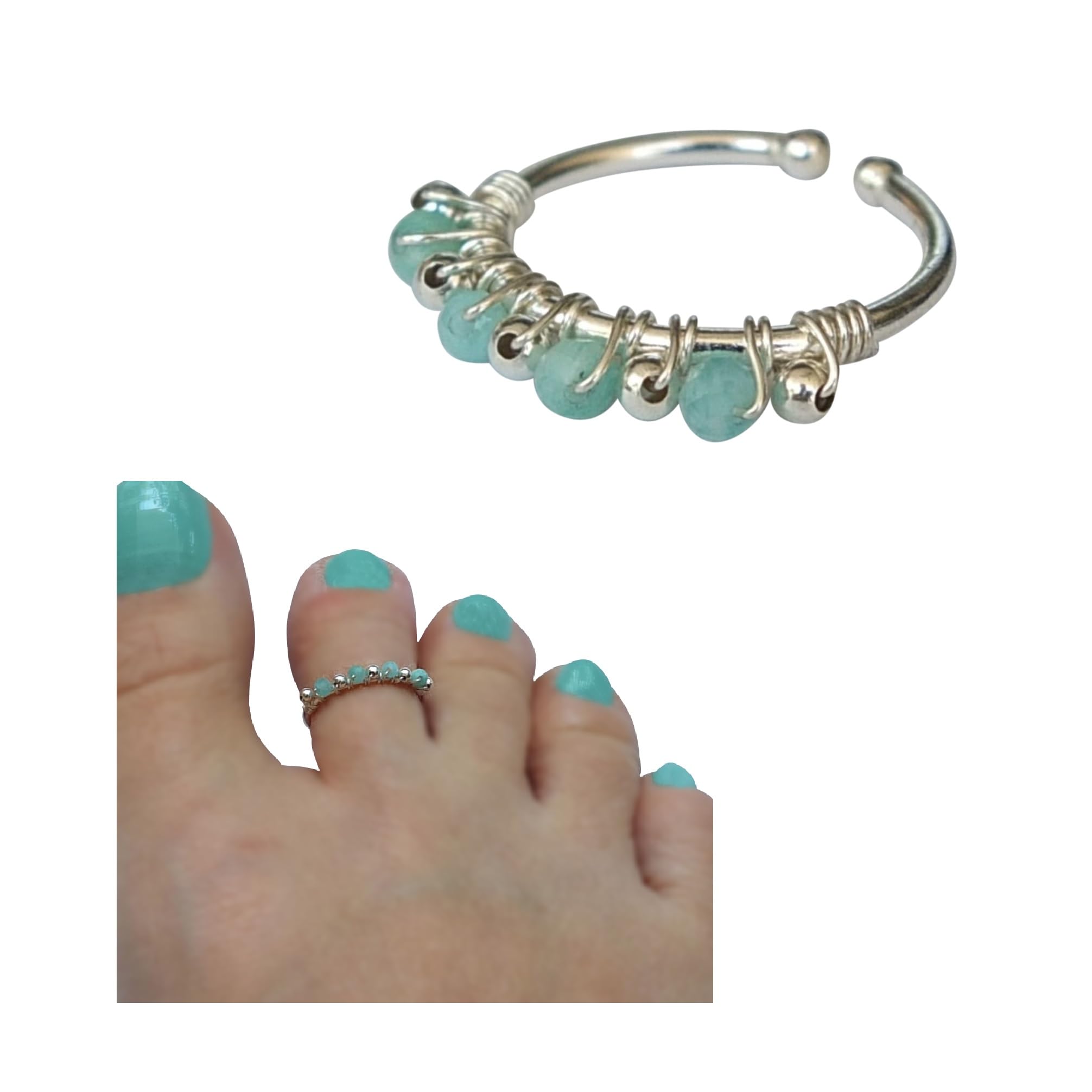 Handmade Amazonite Gemstone Adjustable Toe Ring, 925 Sterling Silver, Stones Small Dainty Open Toe, Pinky or Knuckle Rings for Women, By MiYa Jewelry Creations