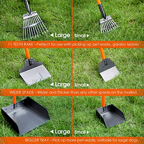 ROIUBPO Pooper Scooper, Detachable Long Handle Large Dog Poop Scooper with Metal Rake, Tray & Spade, Durable Easy Pick Up Pooper Scooper for Large Medium Small Dogs, Great for Lawn, Grass, Gravel