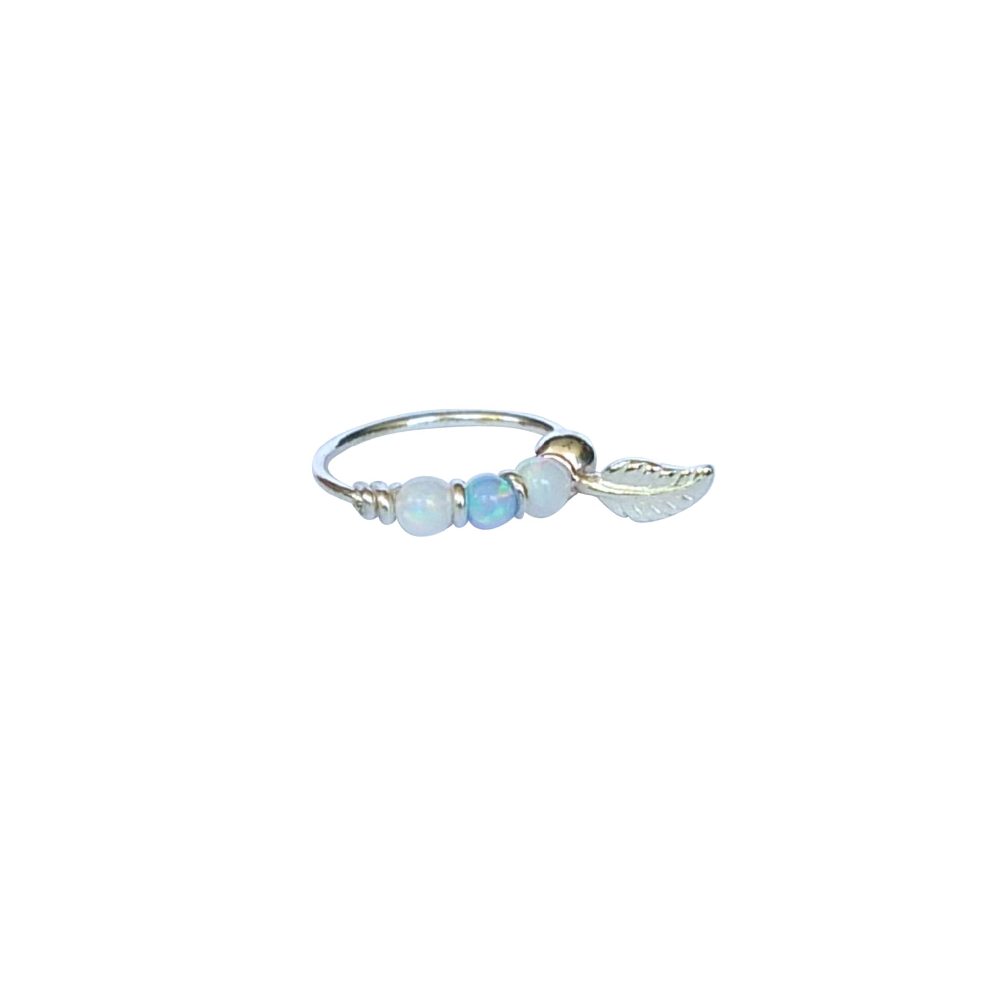 Handmade Silver Single 10MM Cartilgae Helix Piercing Hoop Earring with Trio White & Blue Opal & Tiny Leaf, 925 Sterling Silver Very Small 10MM Thin 22 Gauge Hoop for women, By Miya Jewelry