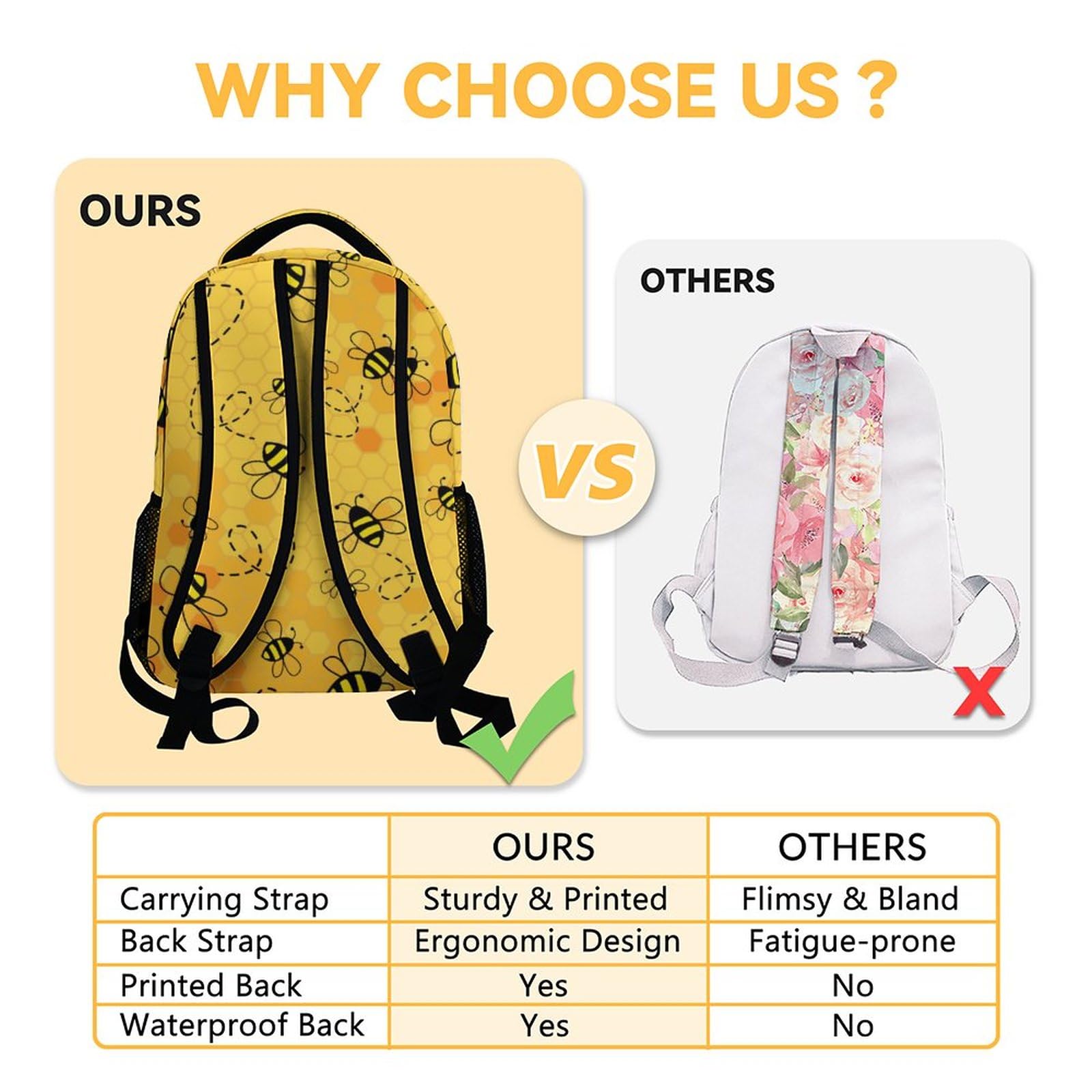 CUSPCOD Personalized Bee Backpack for Girls Boys, 16 Inch Yellow Backpacks for School, Cute, Adjustable Straps, Durable, Lightweight, Large Capacity Bookbag for Kids