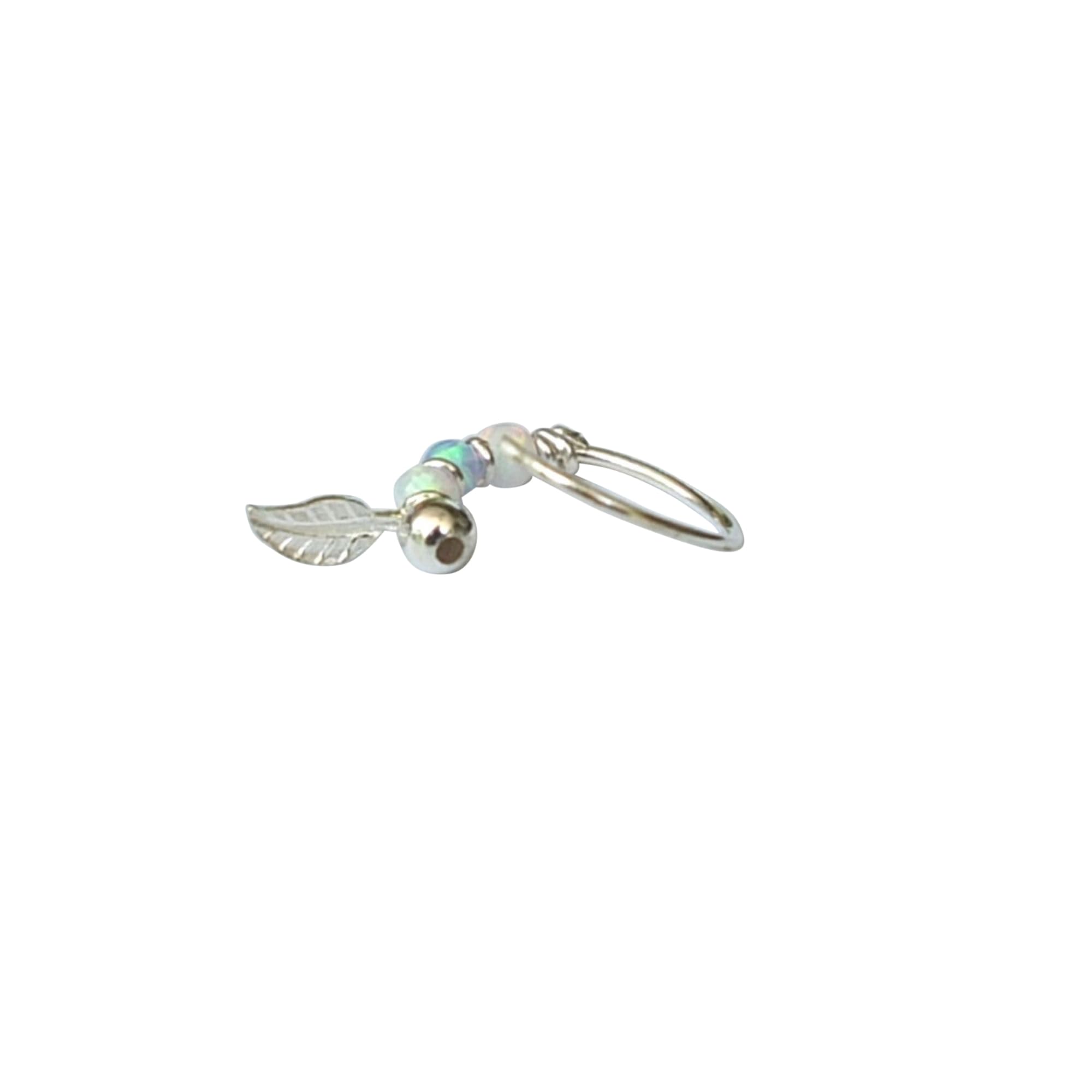Handmade Silver Single 10MM Cartilgae Helix Piercing Hoop Earring with Trio White & Blue Opal & Tiny Leaf, 925 Sterling Silver Very Small 10MM Thin 22 Gauge Hoop for women, By Miya Jewelry