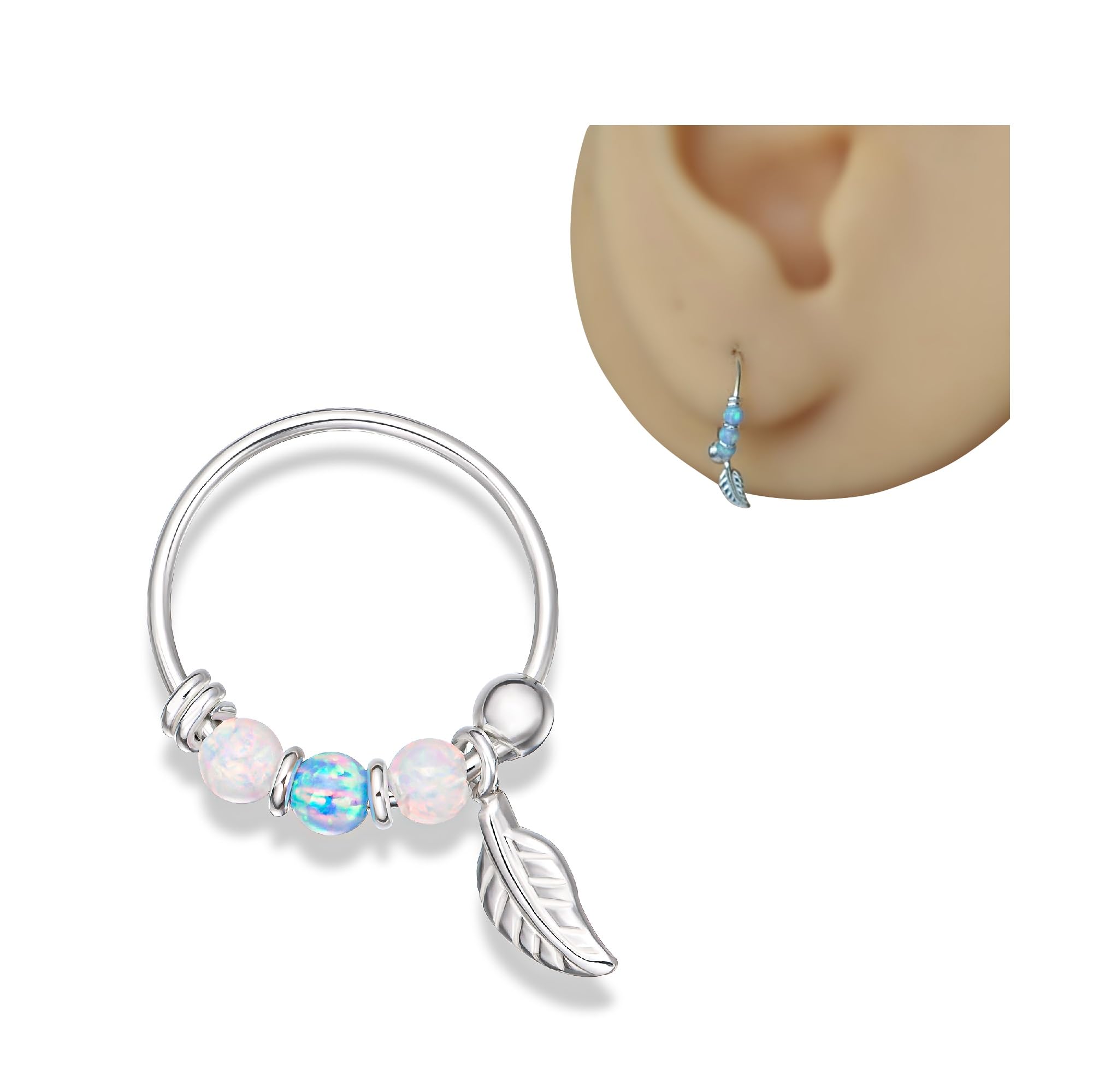 Handmade Silver Single 10MM Cartilgae Helix Piercing Hoop Earring with Trio White & Blue Opal & Tiny Leaf, 925 Sterling Silver Very Small 10MM Thin 22 Gauge Hoop for women, By Miya Jewelry