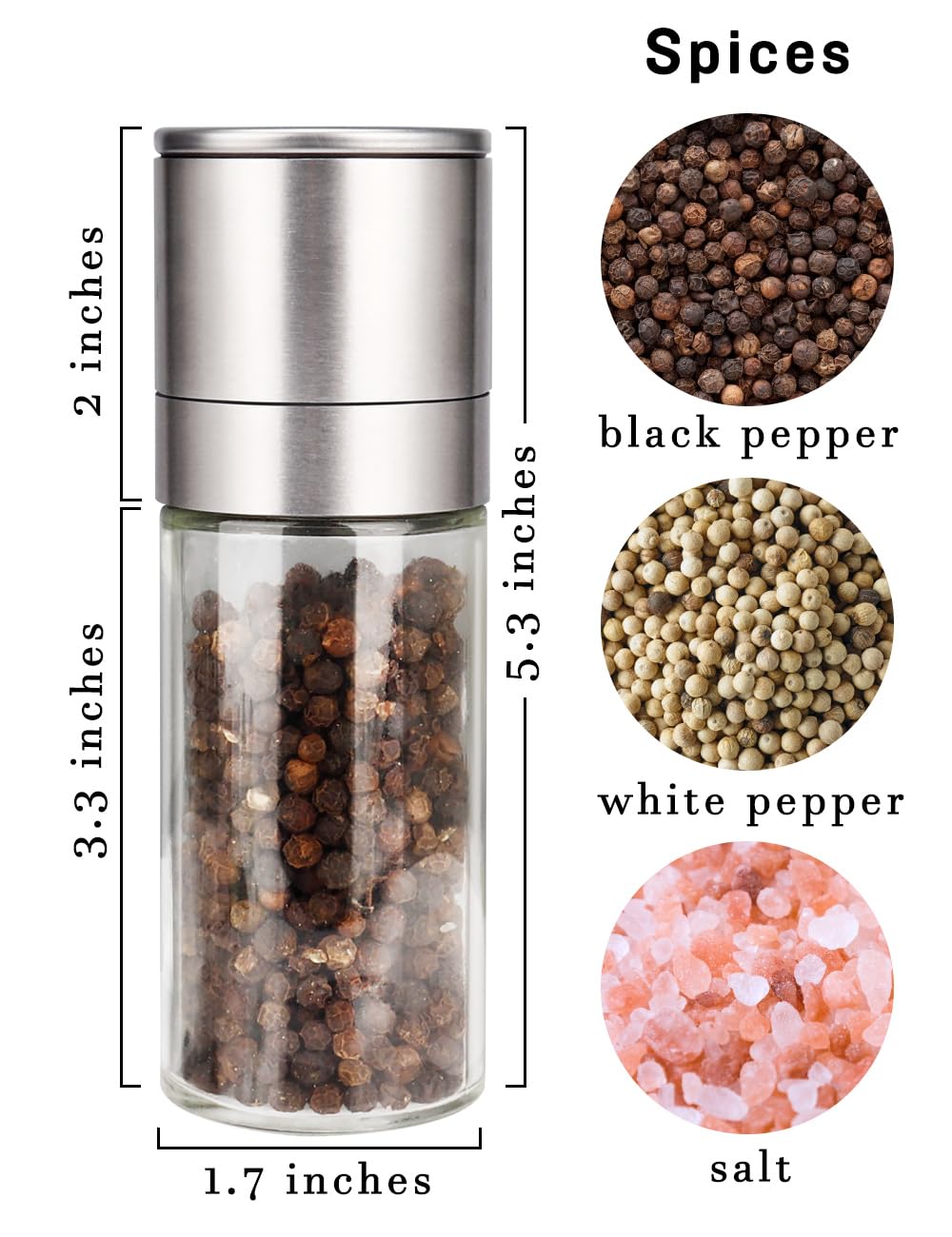 Gulex® Salt Grinder Pepper Grinder Pepper Mill, Salt Grinder Refillable, Adjustable Coarseness Black Pepper Grinder, Stainless Steel Sea Salt Shaker with Ceramic Rotor (1 pcs)
