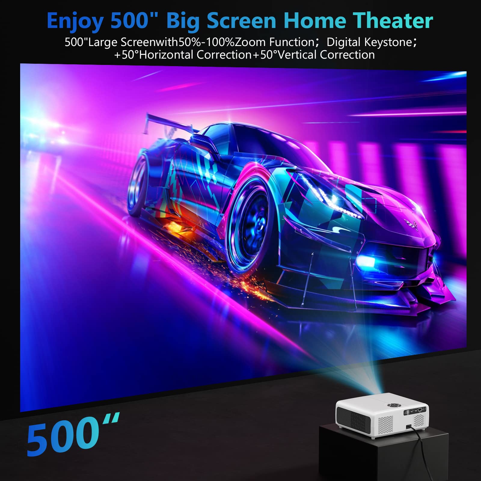 [Autofocus] Henhoor 1200 ANSI Outdoor Home Movie Projector with Wifi and Bluetooth,Smart Android TV Projector 4K+ with Netfix/Prime Video Bulit-in,Auto 6D Keystone,50% Zoom.Max 500"dispay