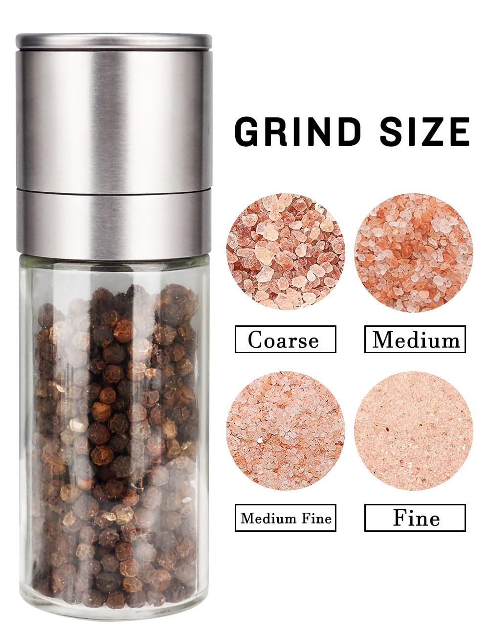 Gulex® Salt Grinder Pepper Grinder Pepper Mill, Salt Grinder Refillable, Adjustable Coarseness Black Pepper Grinder, Stainless Steel Sea Salt Shaker with Ceramic Rotor (1 pcs)