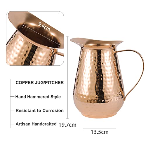 Pure Copper Water Pitcher with lid, 100% Solid Copper Jug, Capacity 70 Oz, Copper Hammered Vessel, Copper Carafe For Ayurveda Health, Healing Benefit, Home, Hotel & Gifting