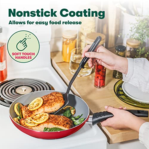 BELLA Cookware Set, 12 Piece Pots and Pans with Utensils, Nonstick Scratch Resistant Cooking Surface Compatible with All Stoves, Nylon and Aluminum, Red