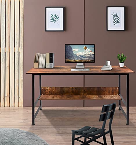 BROWN-BROWN 55 Inch Computer Desk, Home Office Desk with Extra Storage, Personal Laptop Pc Workstation, Student Study Desk, Metal Frame Wood Table for Reading Writing, Rustic Brown (55'')…