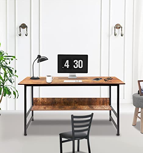 BROWN-BROWN 55 Inch Computer Desk, Home Office Desk with Extra Storage, Personal Laptop Pc Workstation, Student Study Desk, Metal Frame Wood Table for Reading Writing, Rustic Brown (55'')…