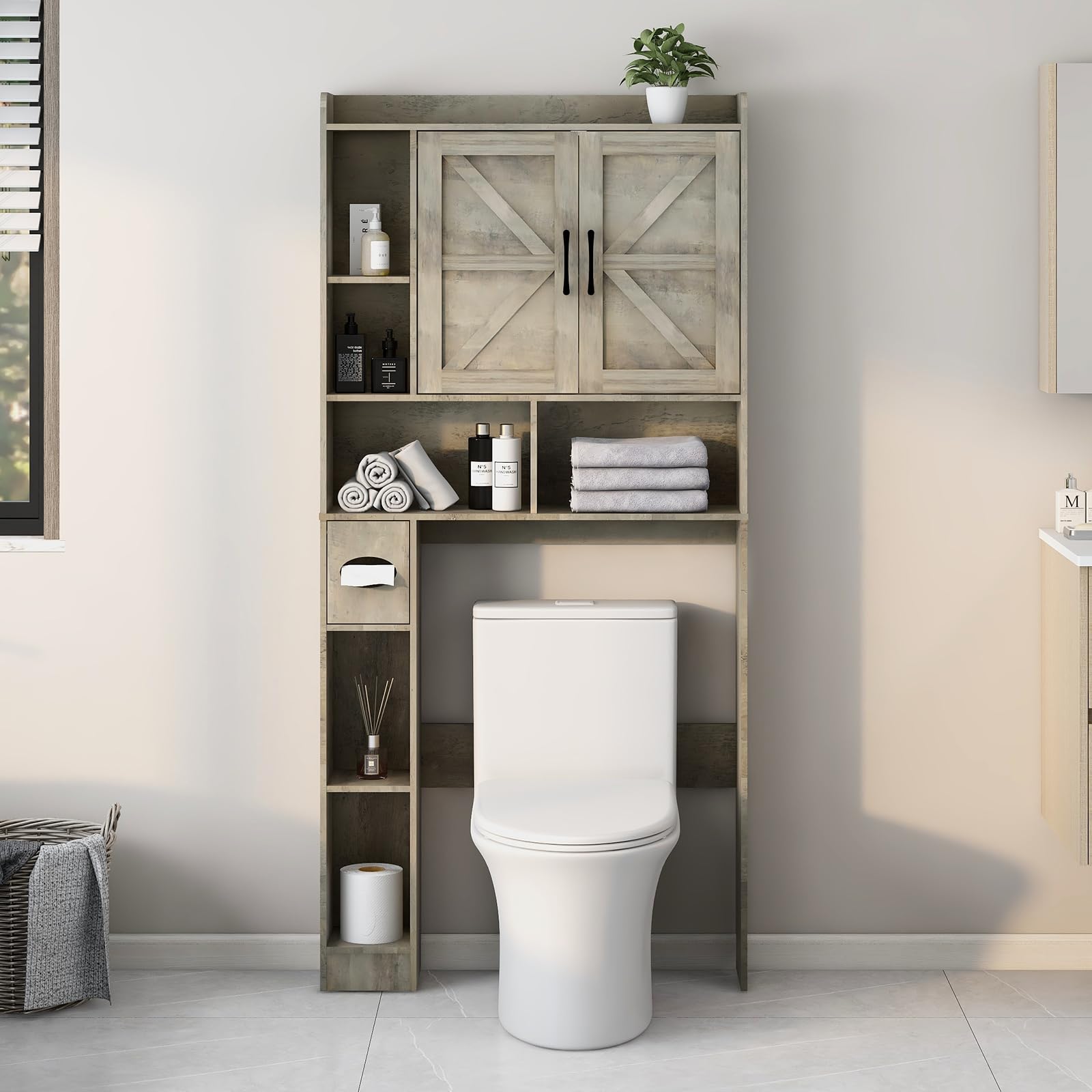 Over The Toilet Storage Cabinet, Farmhouse Storage Cabinet Over Toilet with 2 Barn Door & Toilet Paper Holder Stand,Home Space-Saving Toilet Rack, for Bathroom, Restroom, Laundry