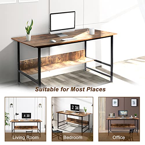 BROWN-BROWN 55 Inch Computer Desk, Home Office Desk with Extra Storage, Personal Laptop Pc Workstation, Student Study Desk, Metal Frame Wood Table for Reading Writing, Rustic Brown (55'')…