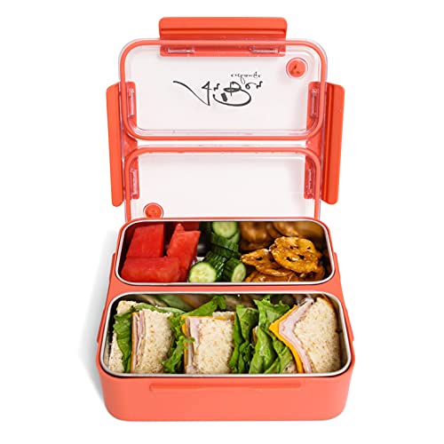 Modern Bento Box Adult Lunch Box for Women, Men and Teens; Lunch Container with Two Compartments and Reusable Fork; Portable, Leak Proof and Holds 37oz; Dishwasher, Microwave and Freezer Safe