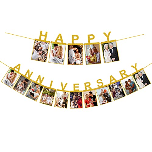 Happy Anniversary Photo Banner Backdrop Decorations - Gold Wedding Anniversary Pictures Banner Party Supplies - Happy Wedding Anniversary Hanging Photo Décor Props Sign