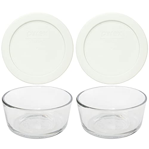 Pyrex (2 7200 Glass Bowls & (2) 7200-PC White Lids