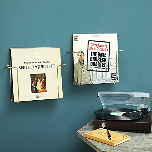 MyGift Modern Brass Plated Metal Wire Wall Mounted Vinyl LP Record Storage Holder, Album Display Rack, Set of 2