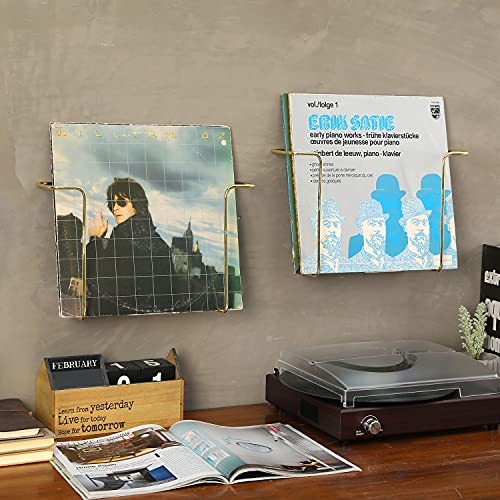 MyGift Modern Brass Plated Metal Wire Wall Mounted Vinyl LP Record Storage Holder, Album Display Rack, Set of 2