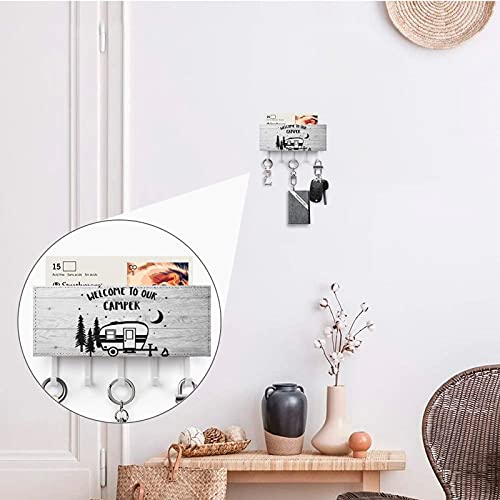 ArogGeld Welcome to Our Camper Self Adhesive Key Holder,Key Hooks Organizer for Wall with Mail Holder,Rustic Key Hangers Home Decorative for Farmhouse Entryroom Mudroom Hallway Kitchen Office Garage