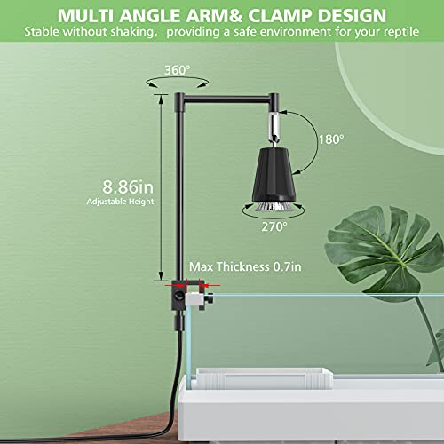 SILICAR Reptile Heat Lamp, UVA UVB Habitat Basking Lamp, Turtle Aquarium Tank Heating Lamp with Clamp, 360° Rotatable Adjustable Brightness Heating Light Metal Stand with 2 Heat Bulbs (E27, 50W)