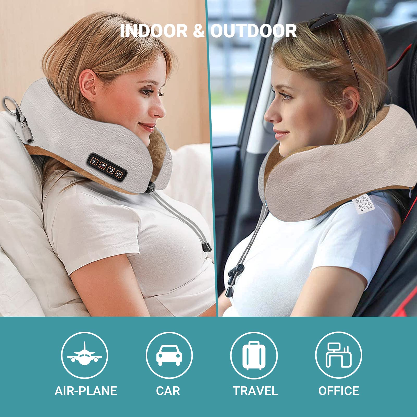 EEZEE Neck Massage Pillow with 3 Vibrating Modes for Neck, Back and Leg Relax and Support, Travel Neck Pillow with Heat U-Shaped Memory Foam Pillow for Home Office Airplane Car